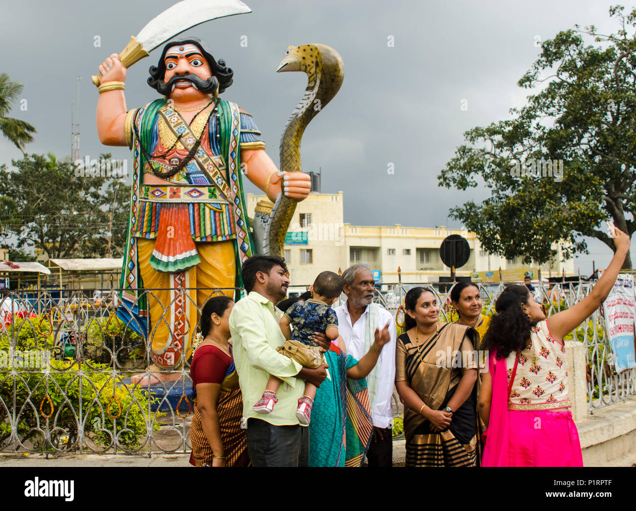 Statue of Mahishasura, buffalo demon, Chamundi Hills; Mysore, Karnataka ...