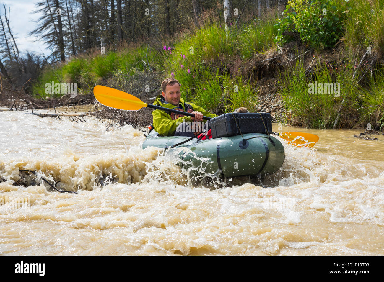 A man pack rafting on Jarvis Creek floats over a submerged log ...