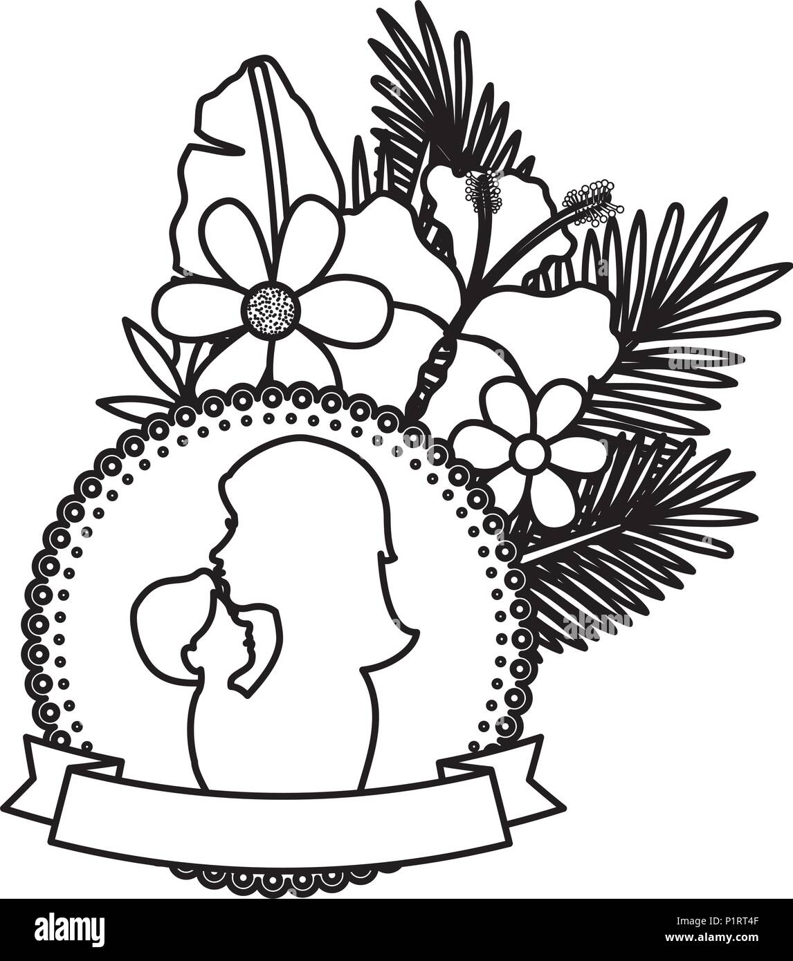 mother and baby with flowers decorative frame vector illustration ...