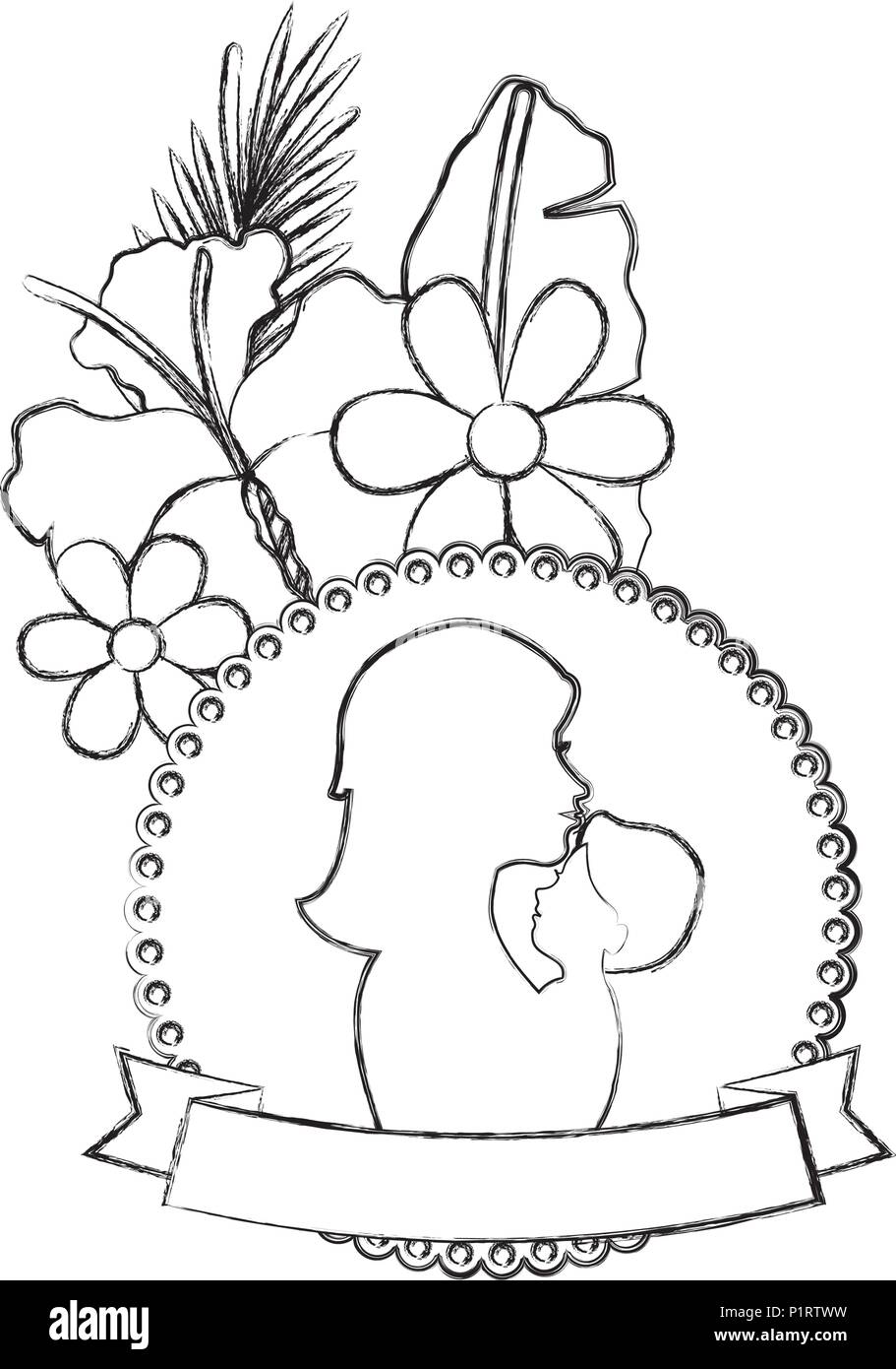 mother and baby with flowers decorative frame vector illustration ...