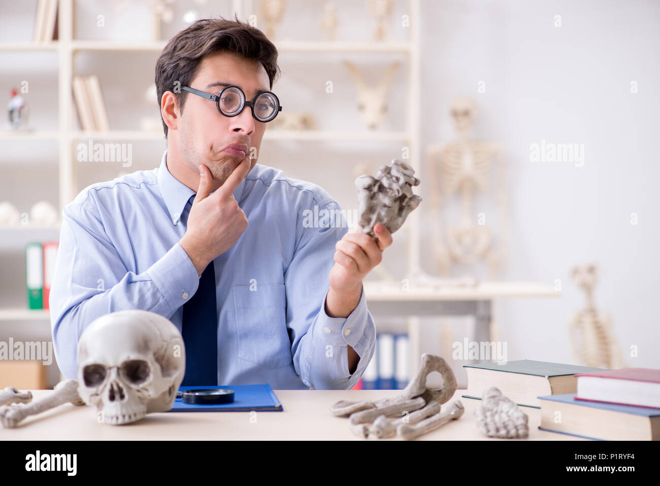 Funny crazy professor studying human skeleton Stock Photo - Alamy