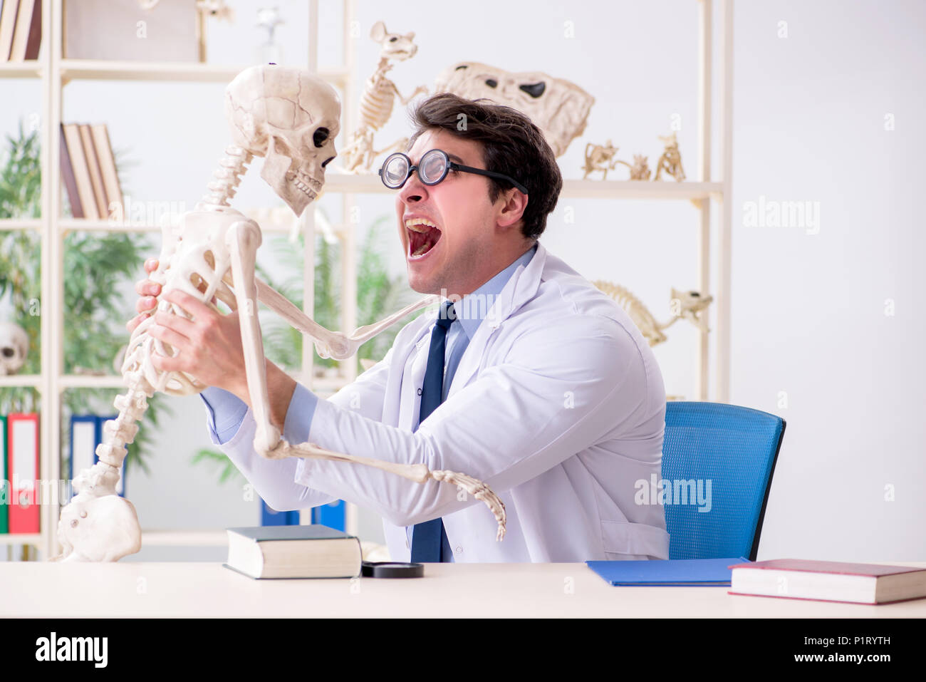 Crazy professor studying human skeleton Stock Photo - Alamy