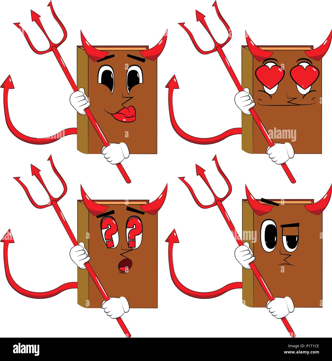 Books devil with pitchfork. Cartoon book collection with various faces ...