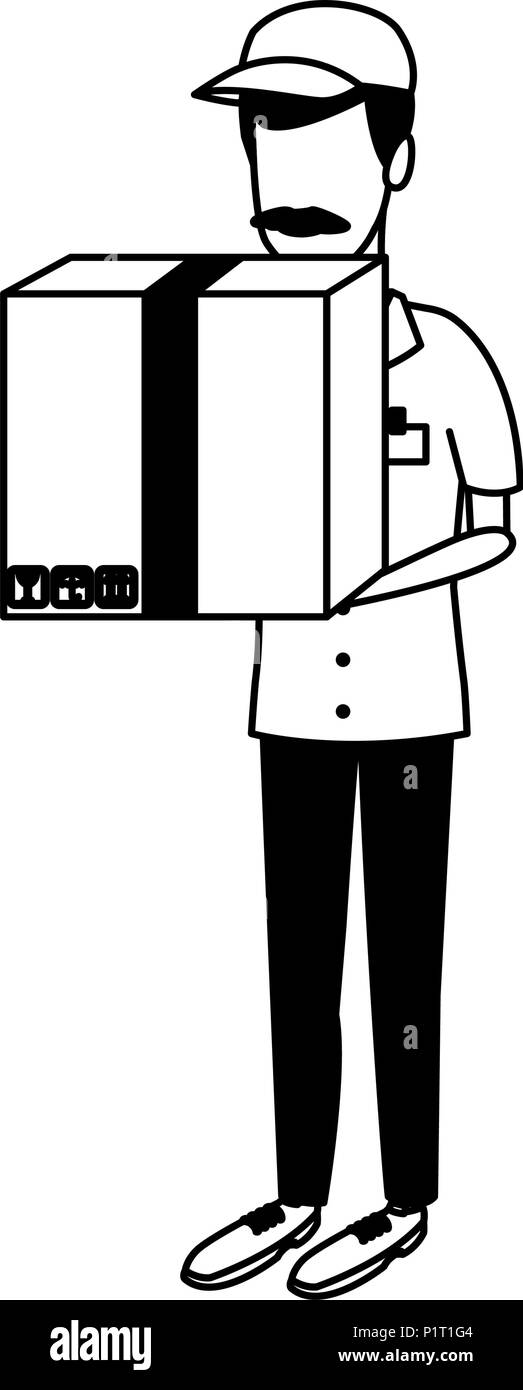 Black delivery man holding package Black and White Stock Photos ...