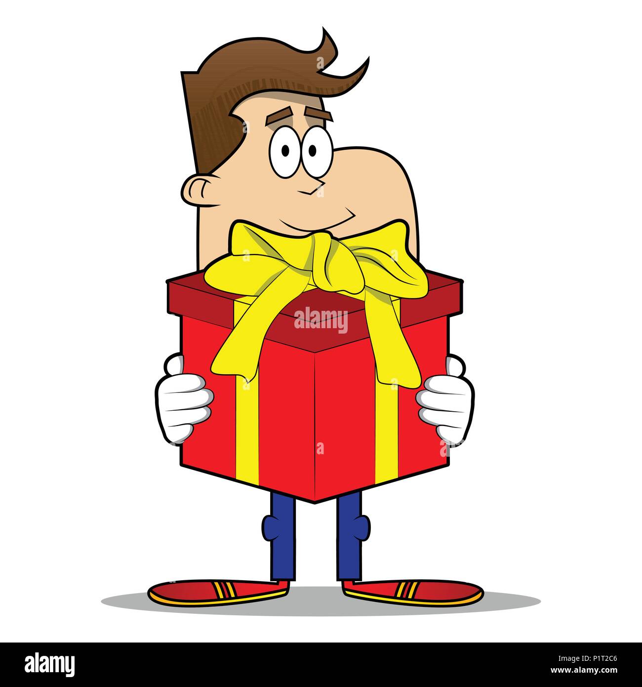 Simple retro cartoon of a businessman holding big gift box. Vector ...