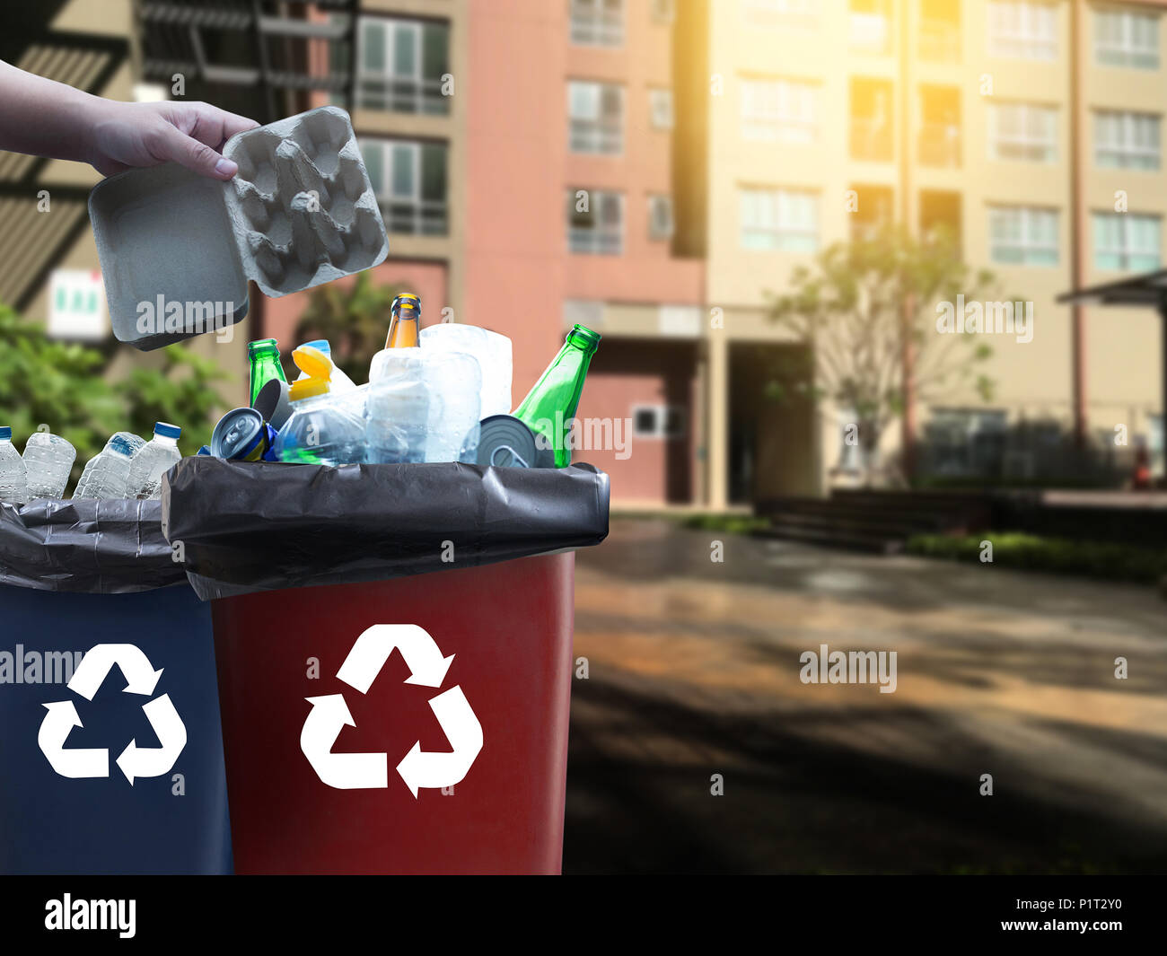 man hand putting plastic reuse for recycling concept environmental ...