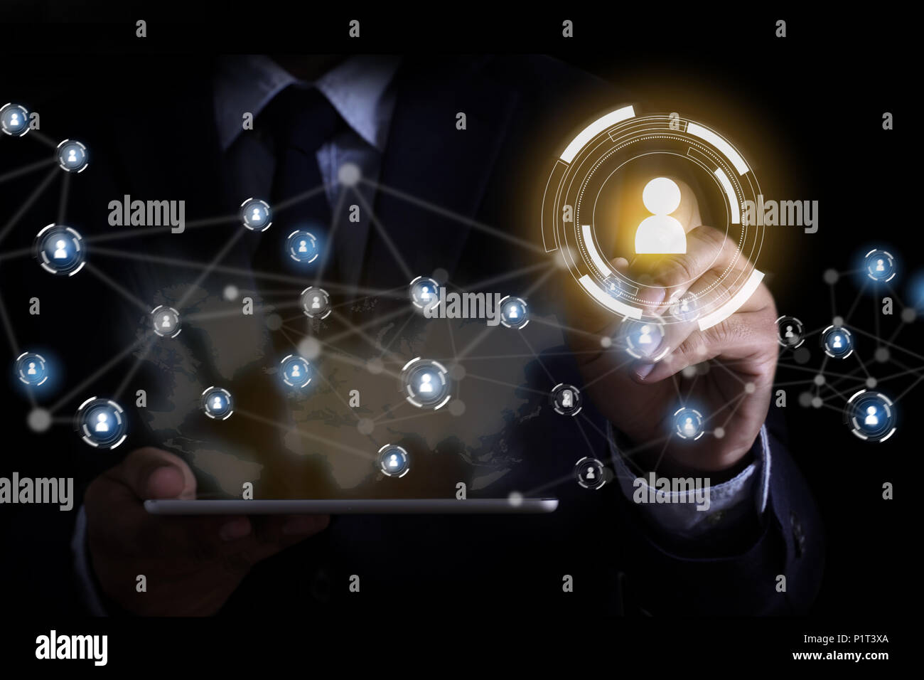 Businessman touching network data people international networking ...