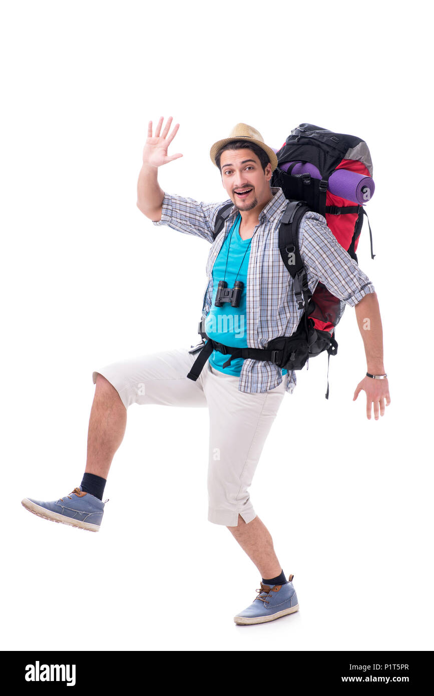 Backpacker with large backpack isolated on white Stock Photo - Alamy