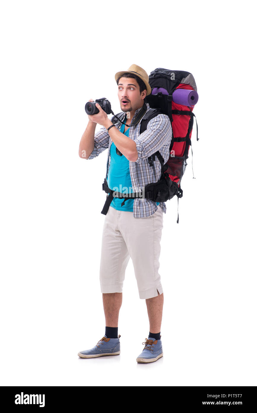 Backpacker with camera isolated on white background Stock Photo - Alamy