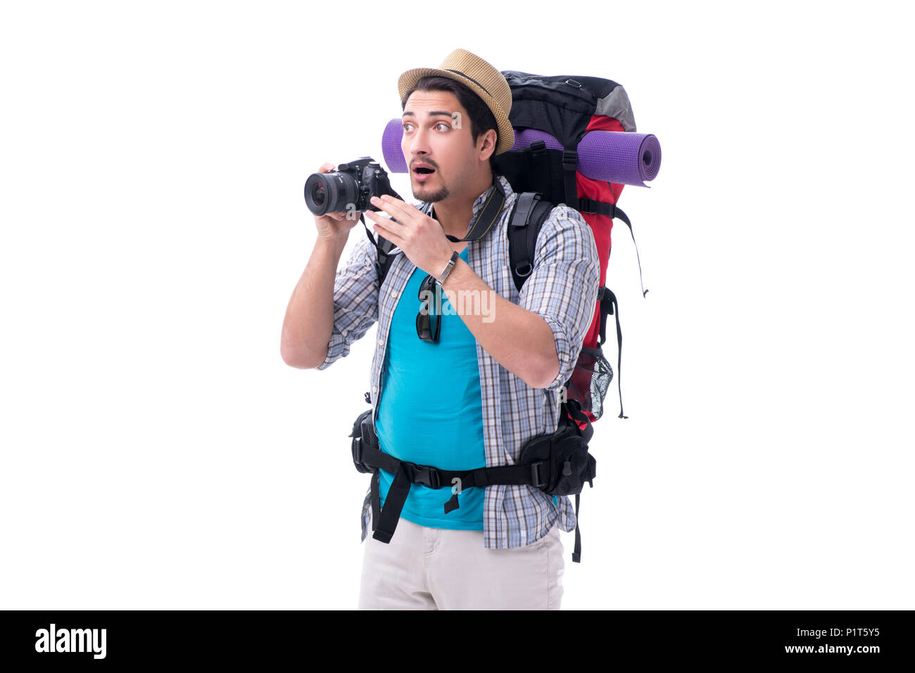 Backpacker with camera isolated on white background Stock Photo - Alamy