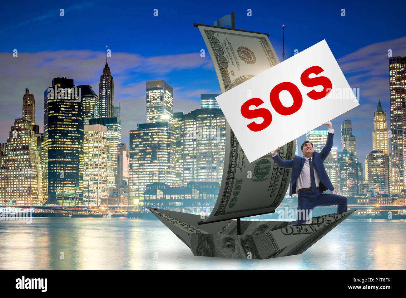 Businessman asking for help with SOS message on boat Stock Photo - Alamy