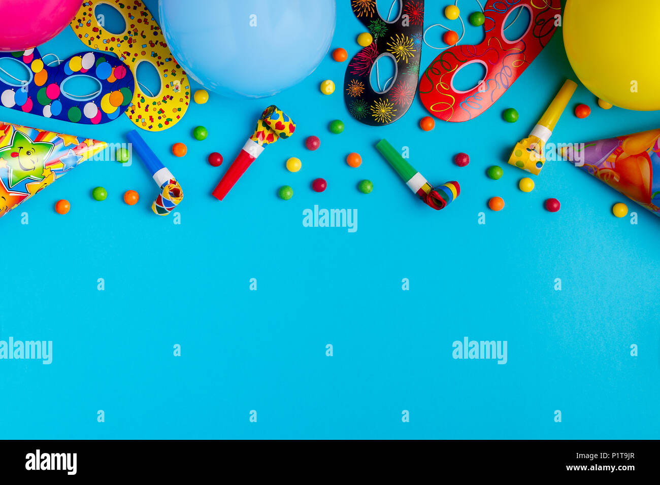 Bright decor for a birthday, party, festival or carnival. Top view ...