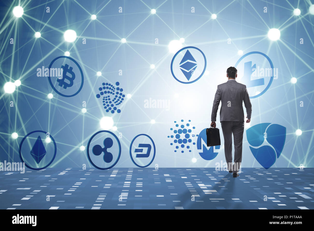 Concept of various cryptocurrencies and businessman Stock Photo - Alamy