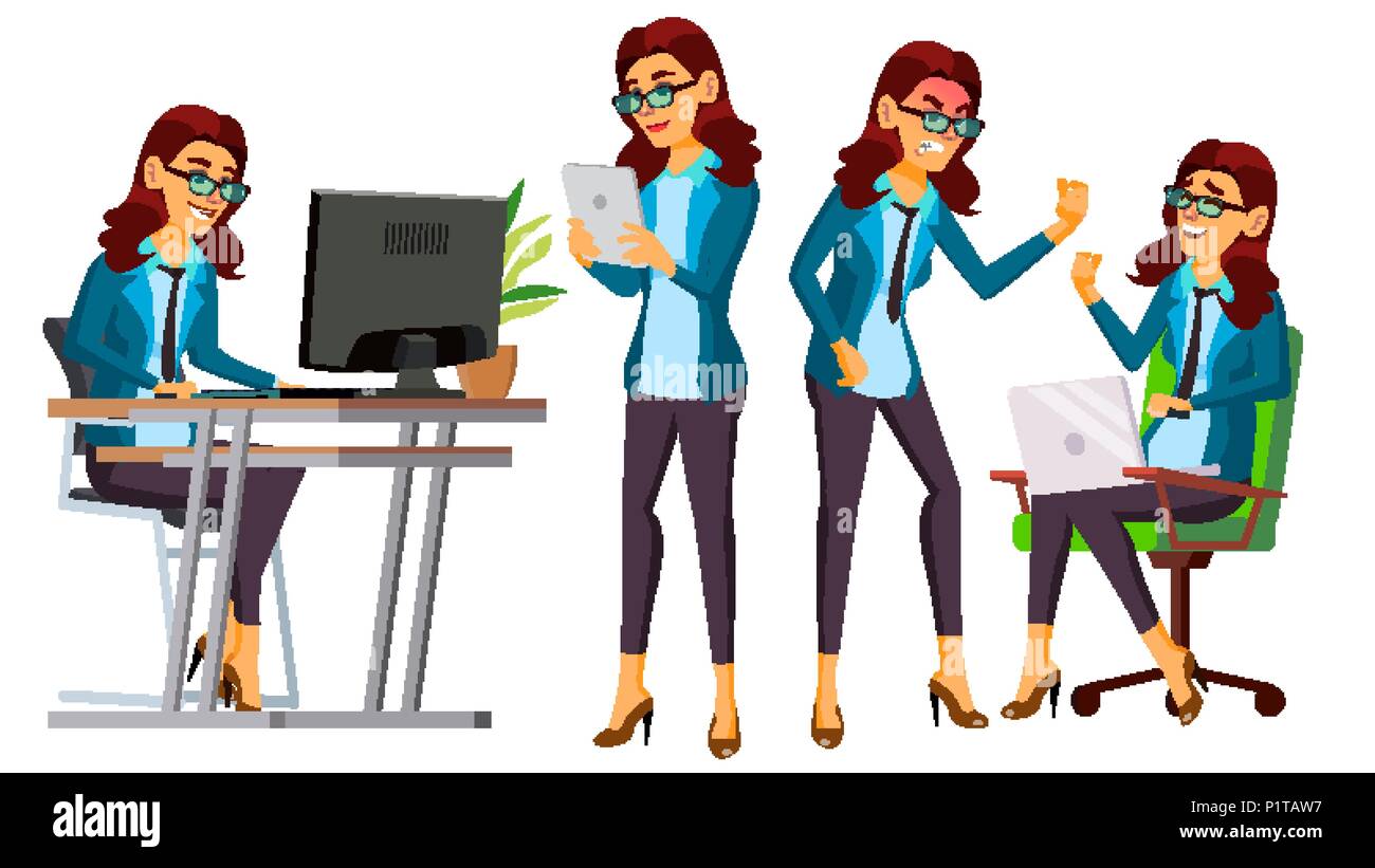 Office Worker Vector. Woman. Servant, Employee. Front, Side View. Poses ...
