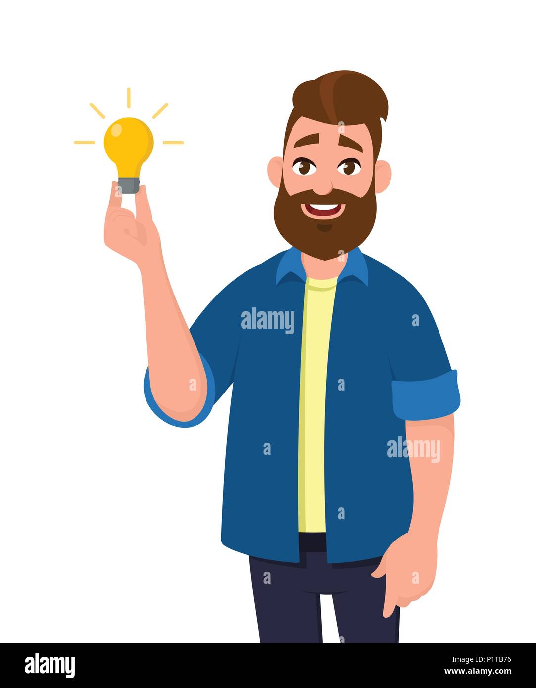 Young man is holding lighting bulb. Innovation and inspiration. Concept ...