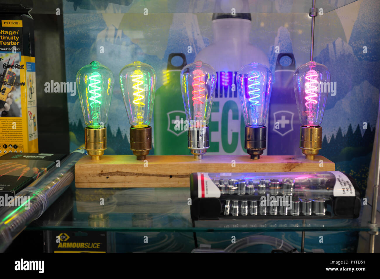 Colourful Light bulb display in shop window, Soho, London, England, UK ...