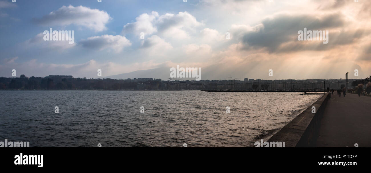 Lake Geneva with Clouds and Sun Panorama Stock Photo - Alamy