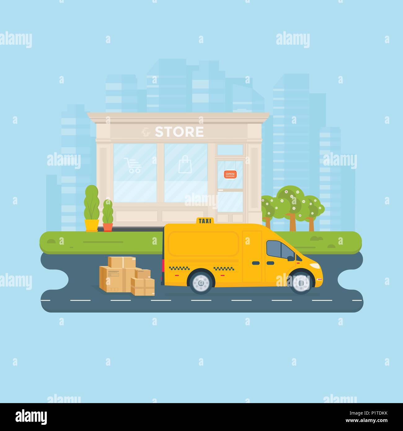 Banner with the machine yellow cab in the city. Public taxi service ...