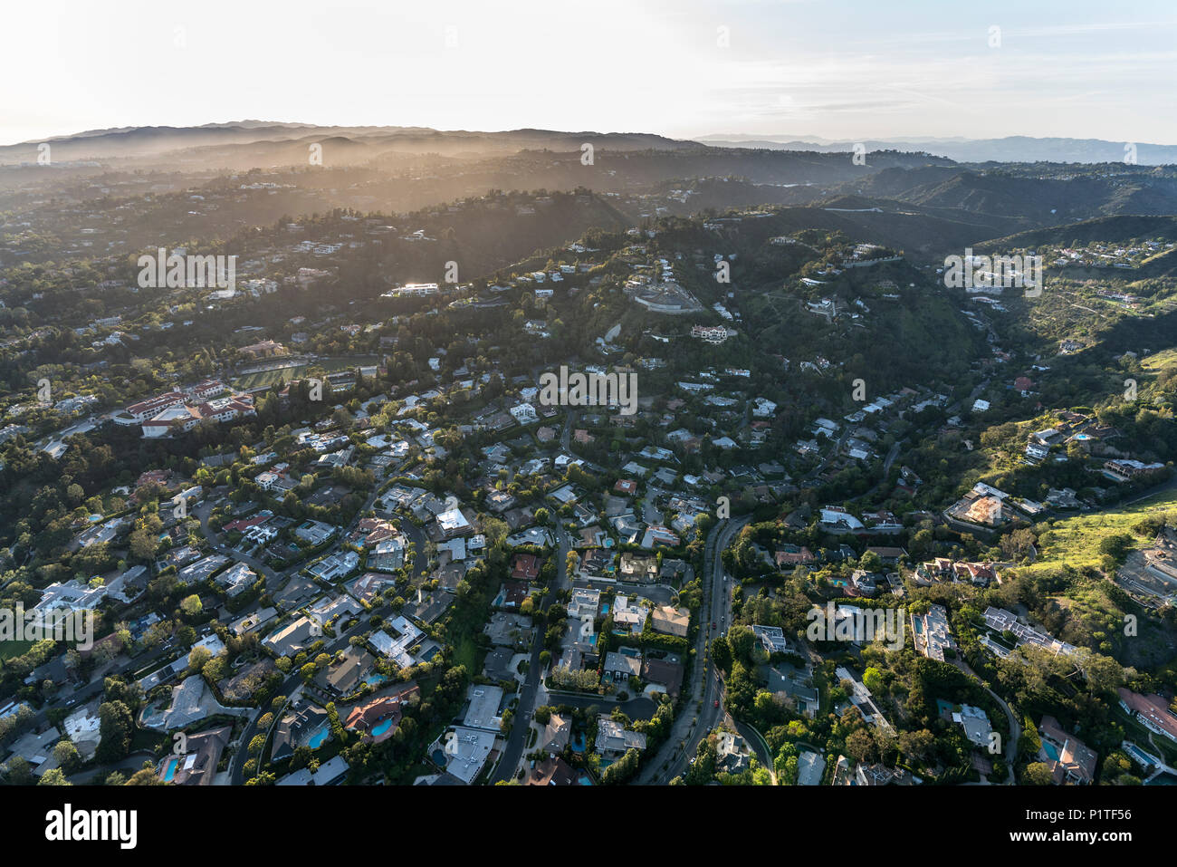 Aerial view of Holmby Hills and Benedict Canyon neighborhood in Beverly ...