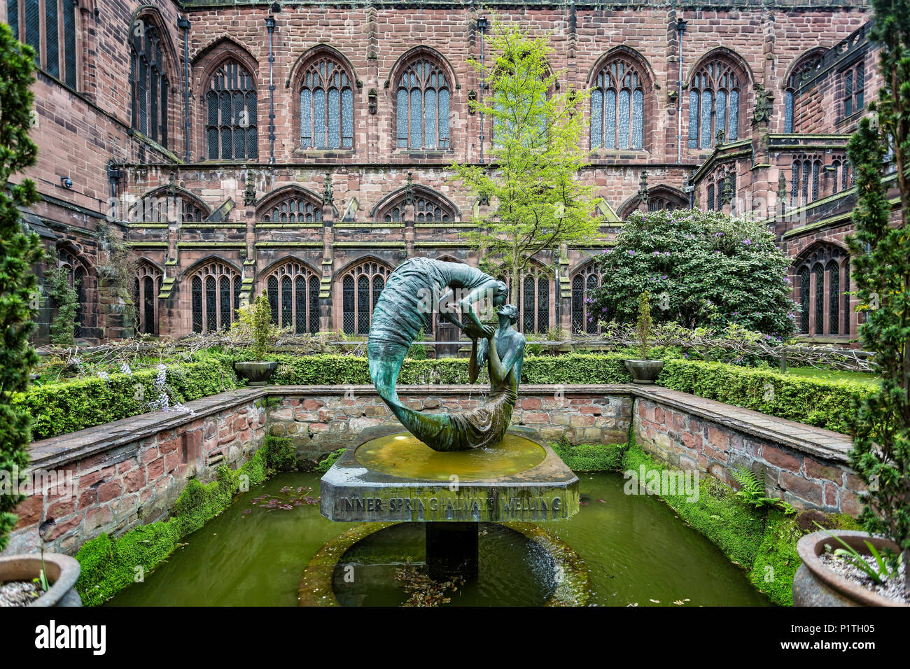 Sculpture and water feature at Chester Cathedral taken in Chester ...