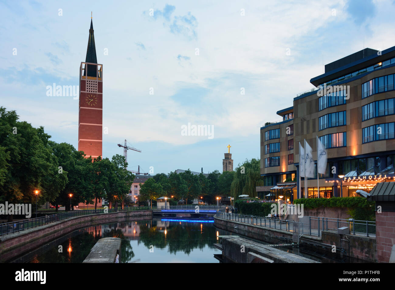 Pforzheim: river Enz, church Stadtkirche in Germany, Baden-Württemberg ...