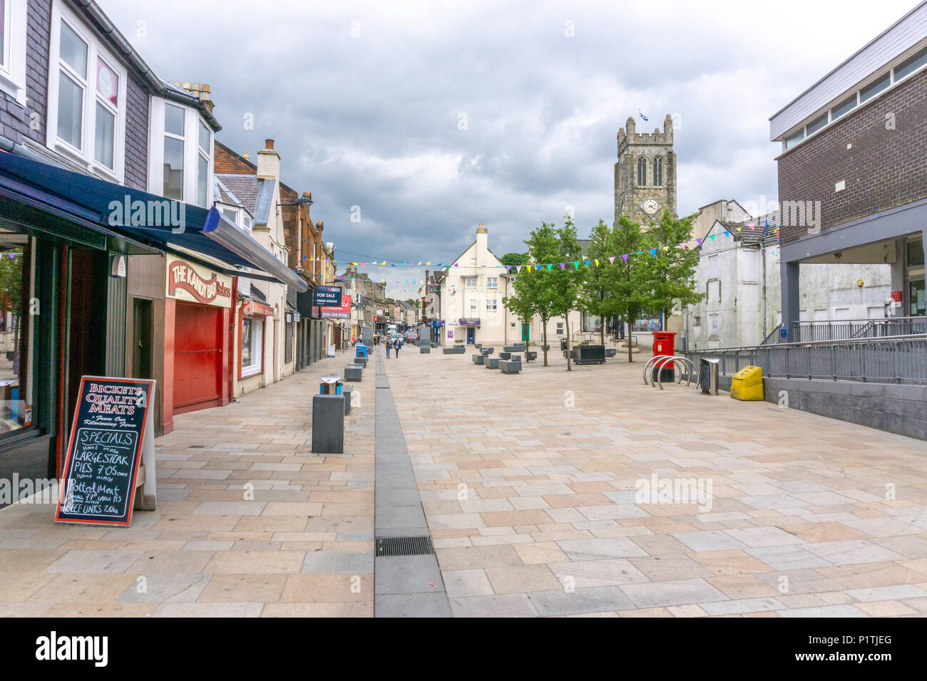 Irvine, Scotland, UK - June 11, 2018: The pedestrianised area of Kilwinning Town Centre in South ...