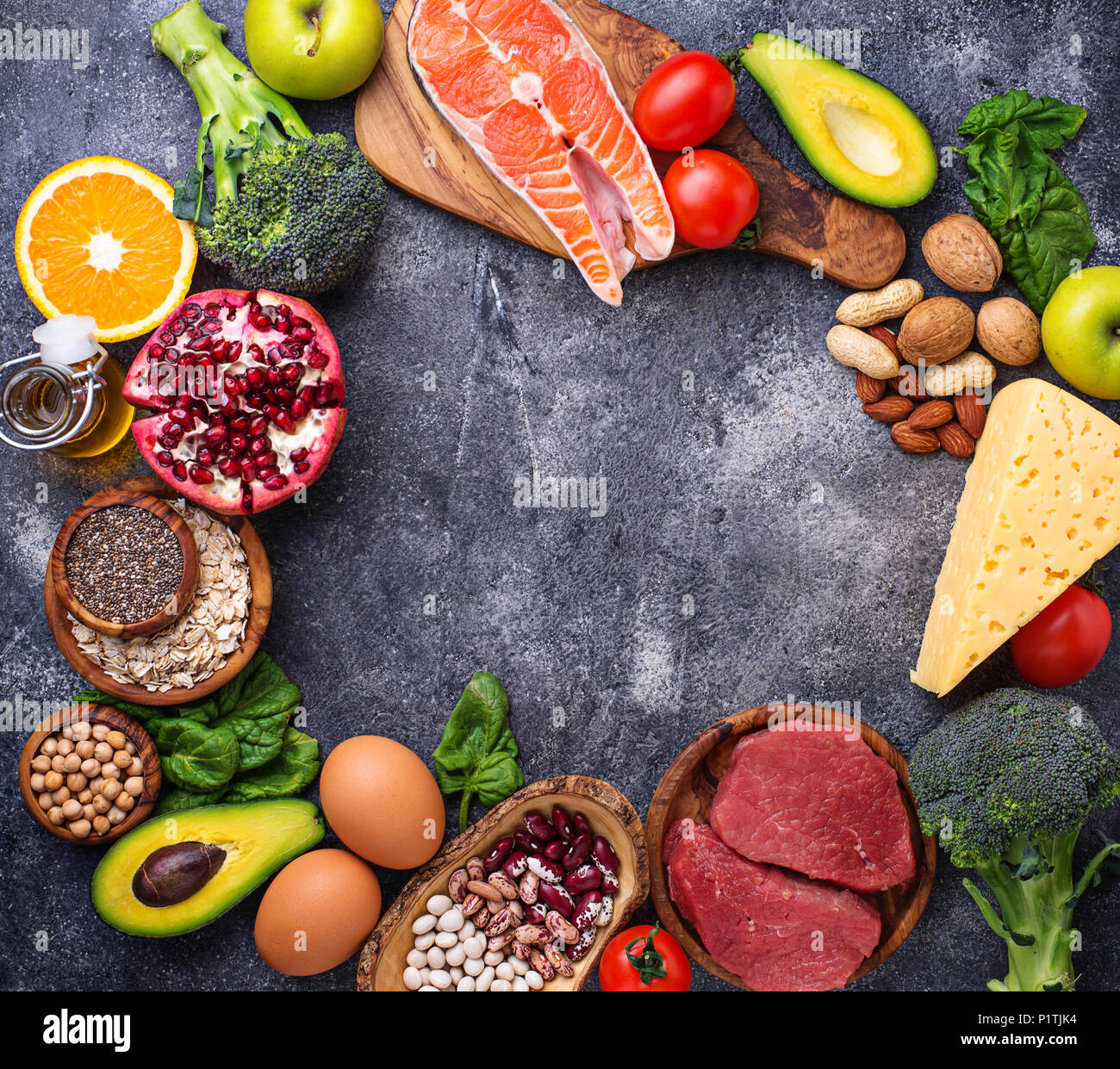 Meat, fish, legumes, nuts and vegetables Stock Photo - Alamy