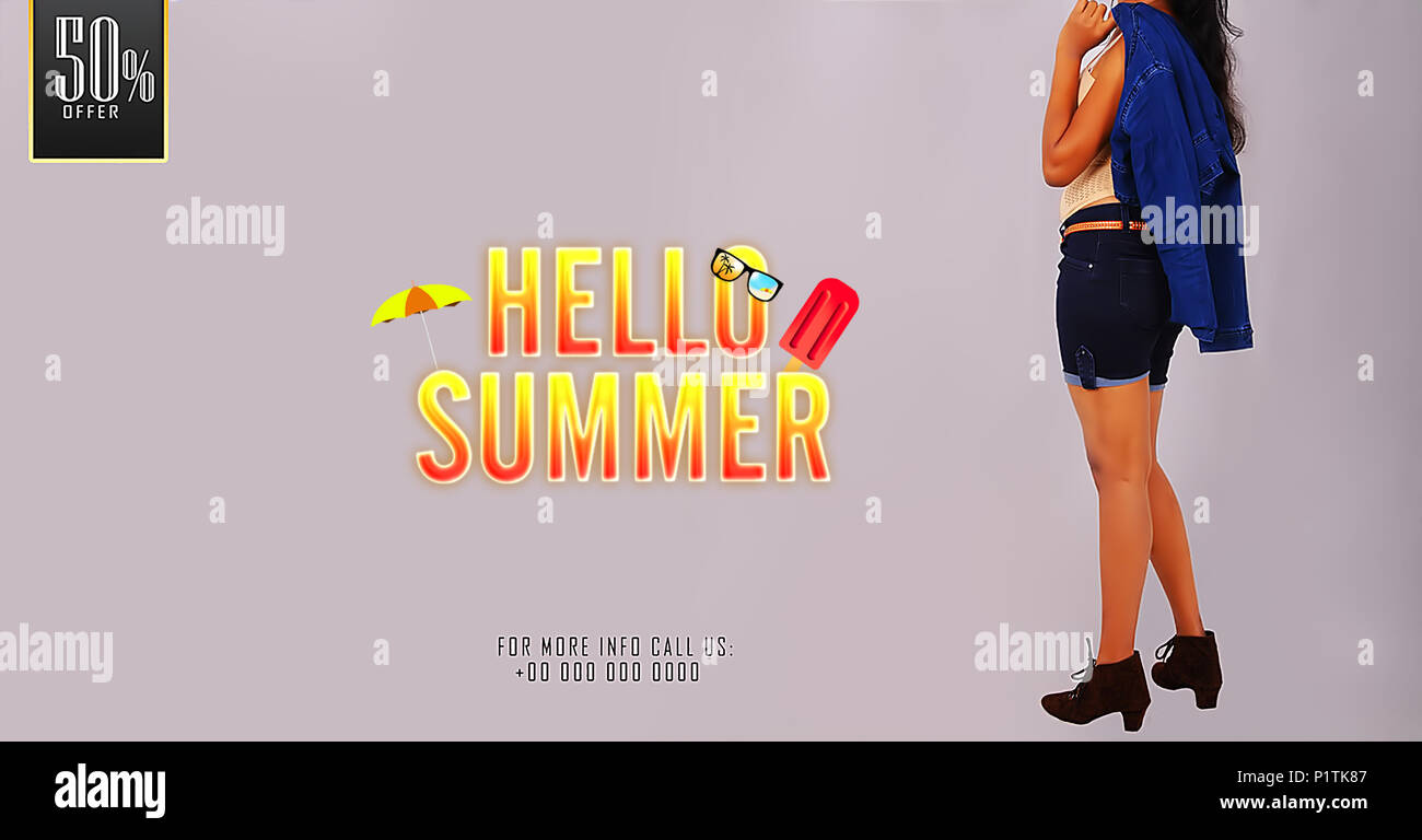 Young girl posing on summer sale promotional banner templates. Hello ...
