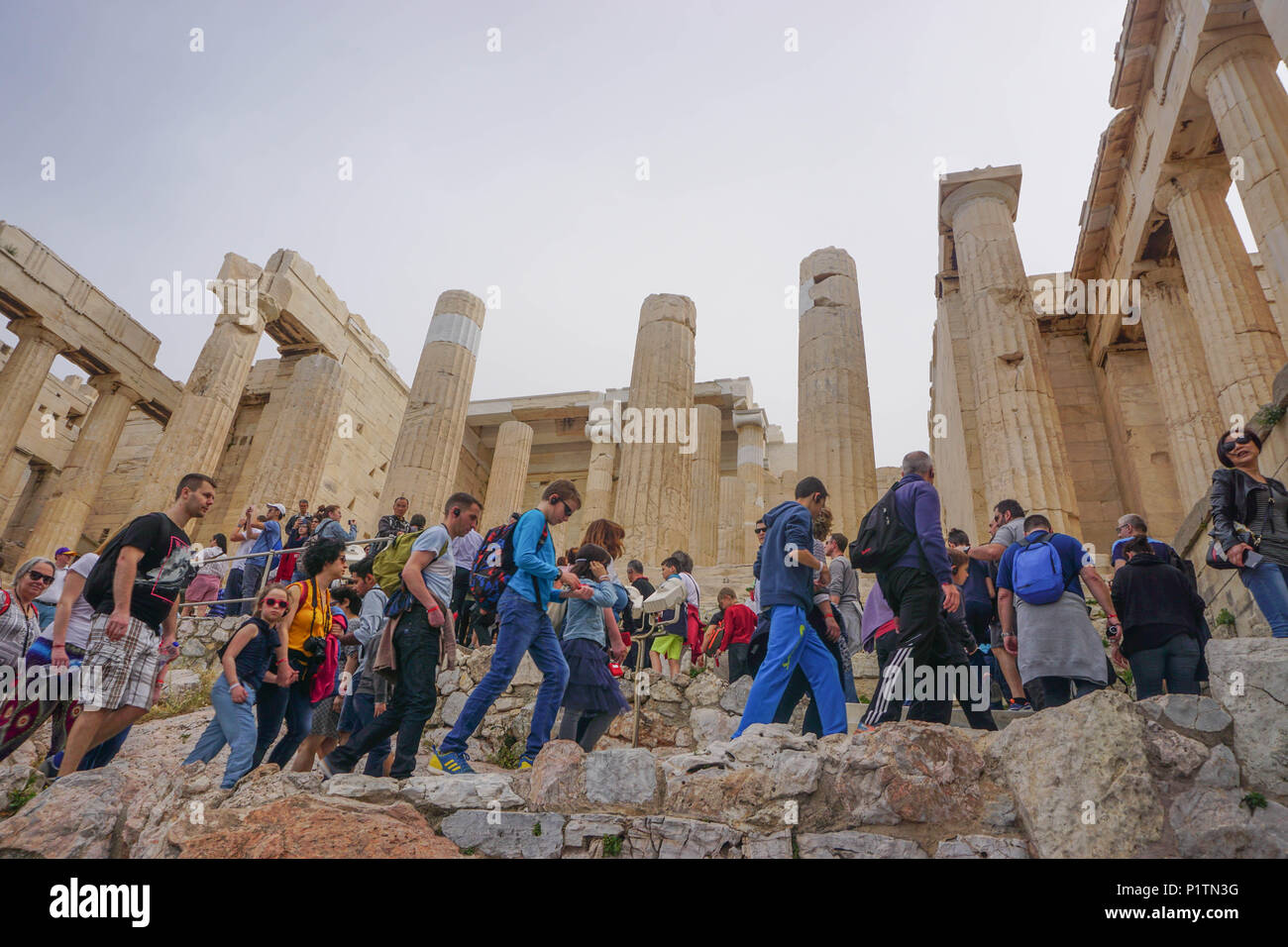 Athens, Greece - April 16, 2018: Tourists crowd the steps of the ...