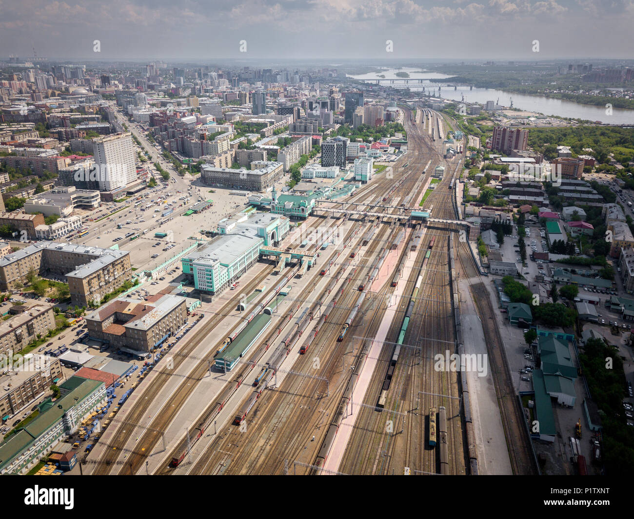 Aerial photography of a modern railroad tracks, trains with wagons on ...