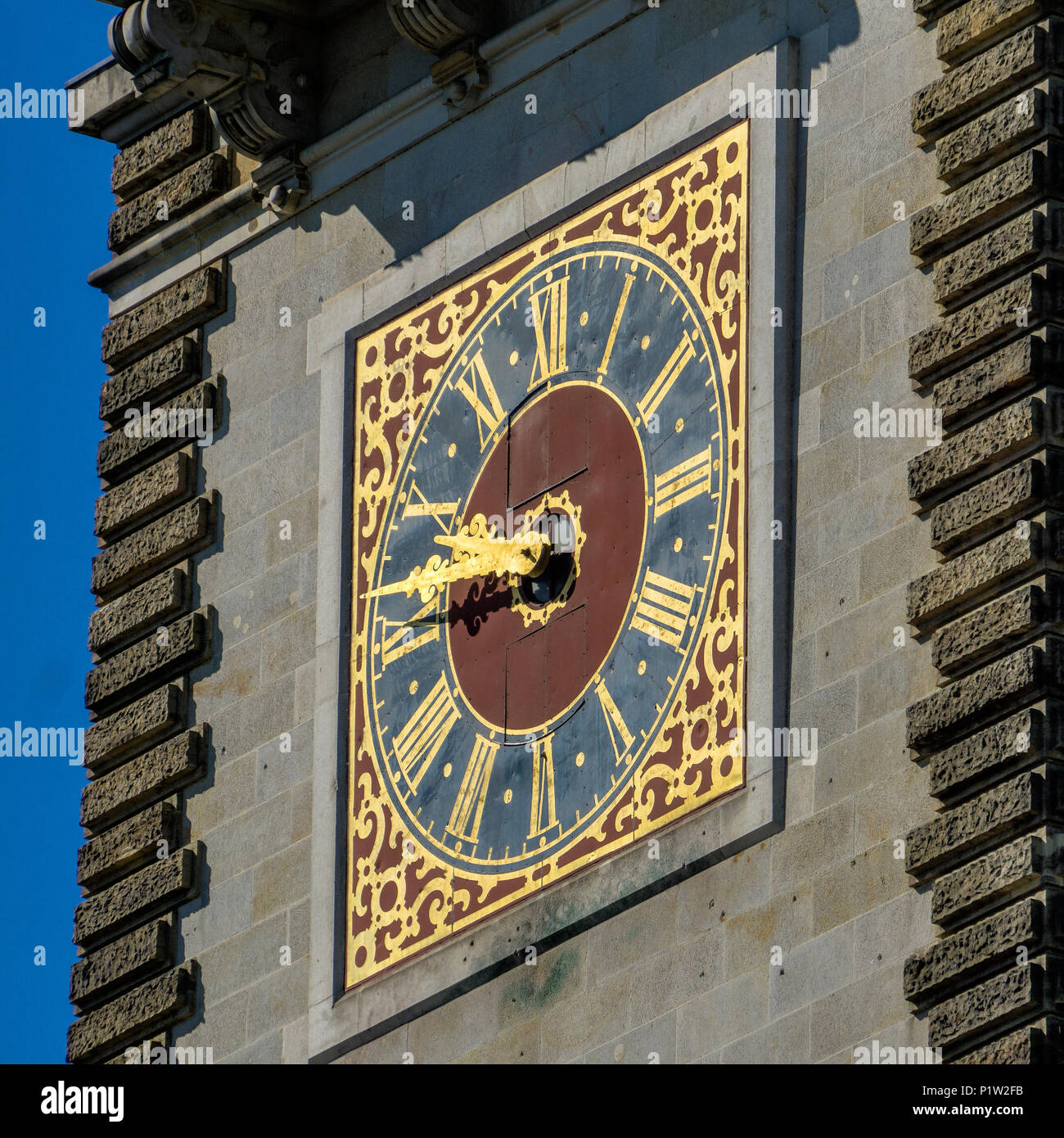 Wall clock on the tower of Hamburg City Hall, with Roman numerals and ...