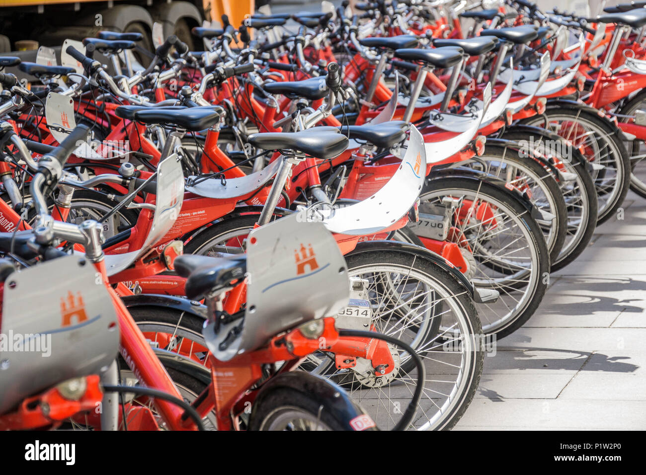 Hamburg, Germany, June 6., 2018: A lot of red rental bikes with red ...