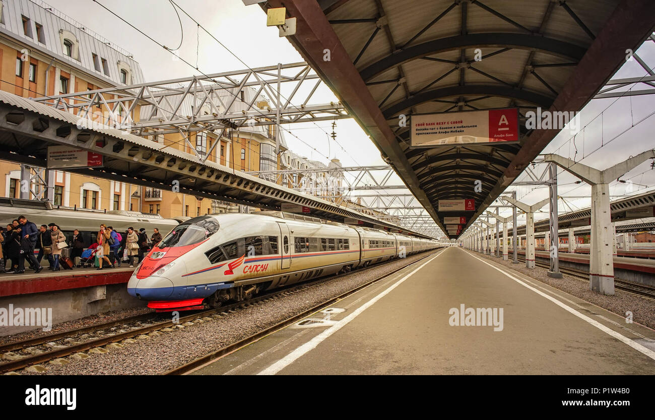 Moscow, Russia - Oct 4, 2016. Modern hybrid electric locomotive Sapsan ...