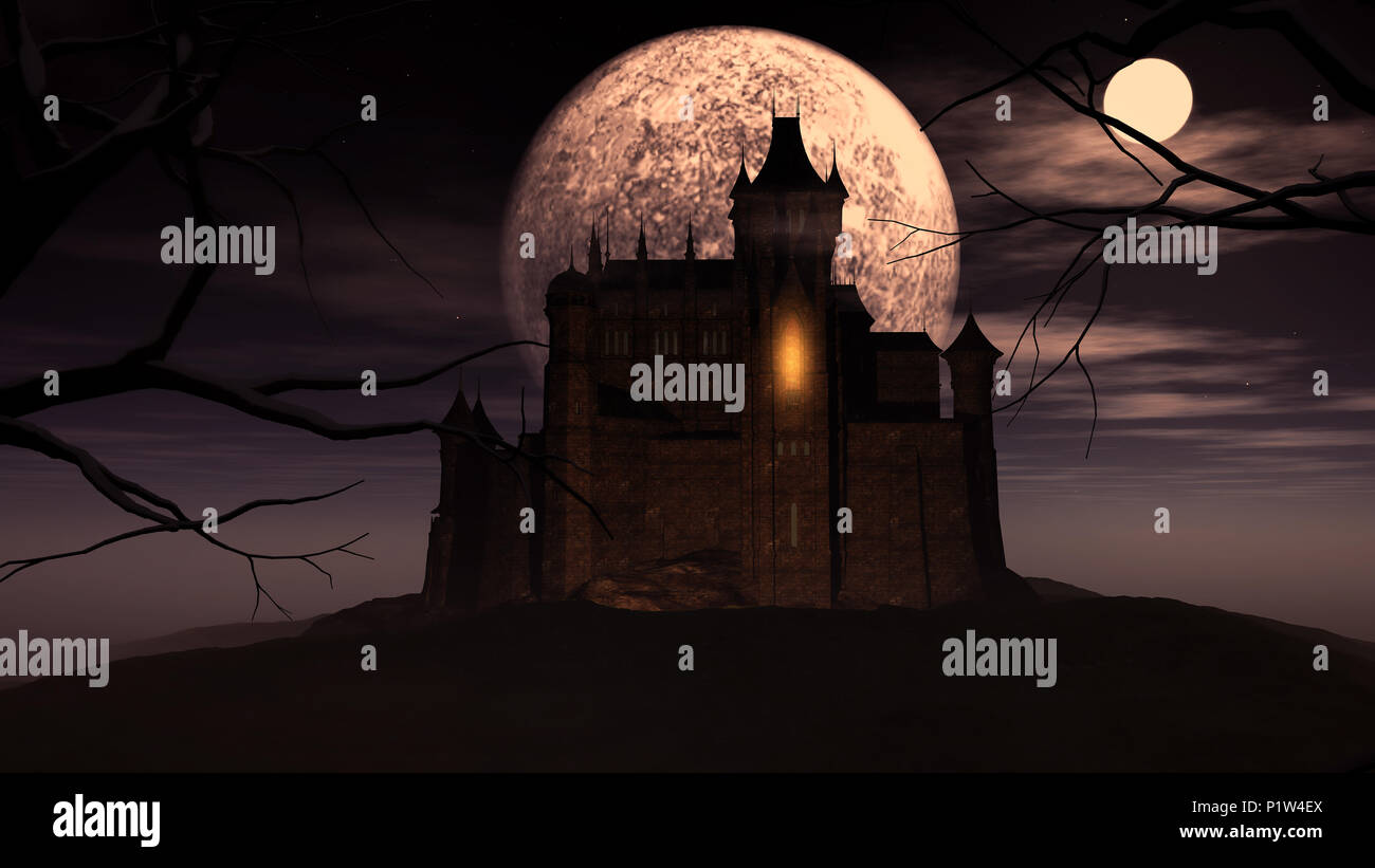 3D render of a Halloween background with a spooky castle Stock Photo ...