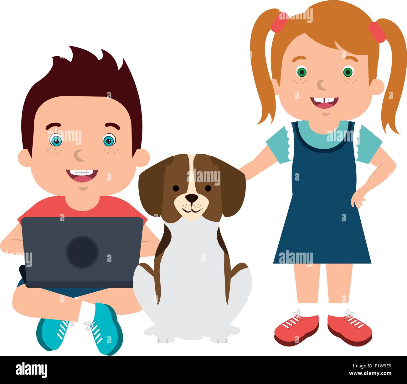 kids with laptop and cute dog Stock Vector Image & Art - Alamy