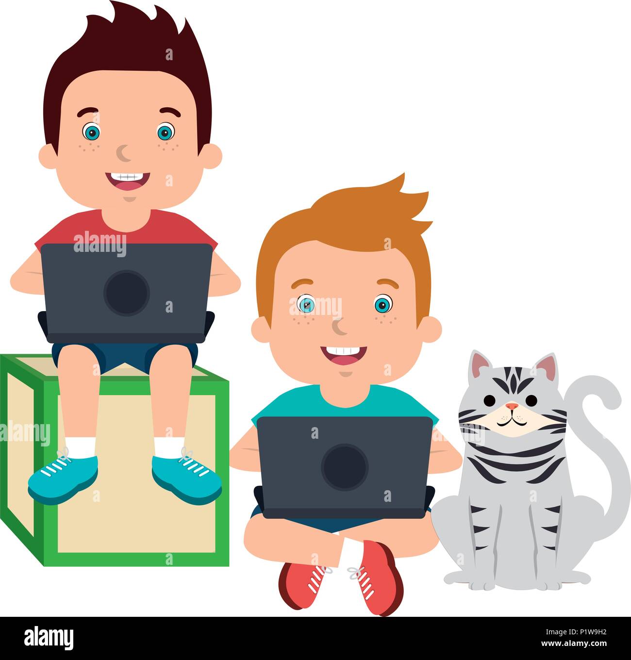kids with laptop and cute cat Stock Vector Image & Art - Alamy