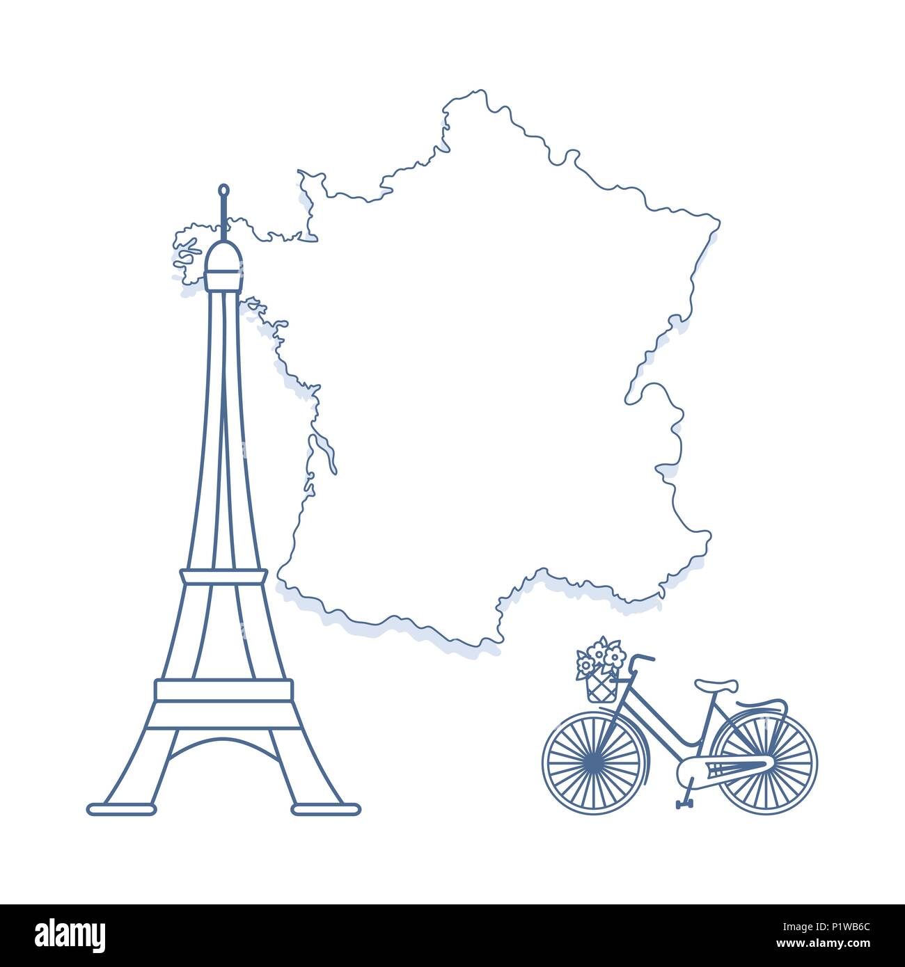 Map of France, famous tower of Paris, bicycle with a basket of flowers ...