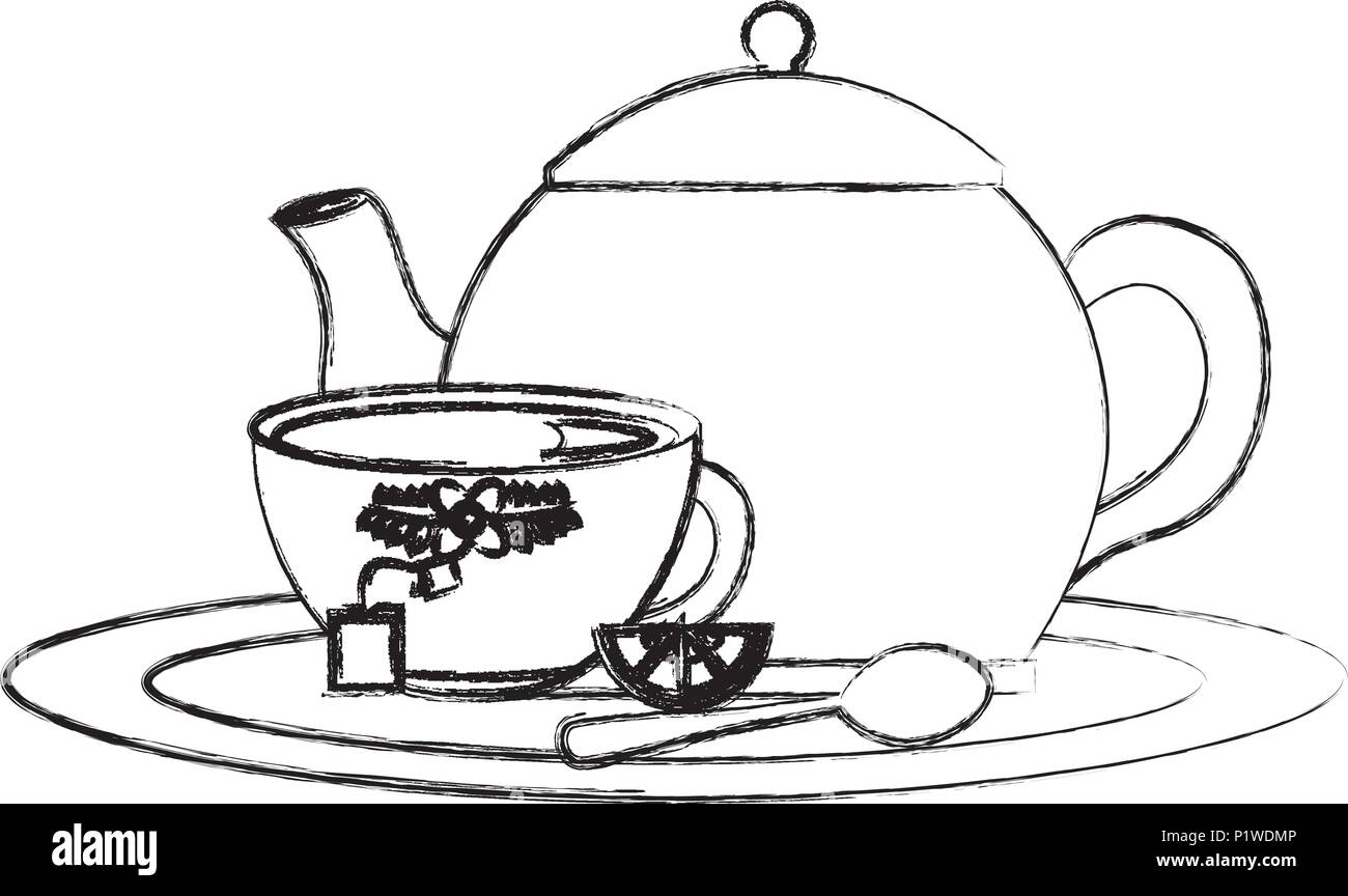 teapot and cup spoon lemon slice tea bag on tray vector illustration ...