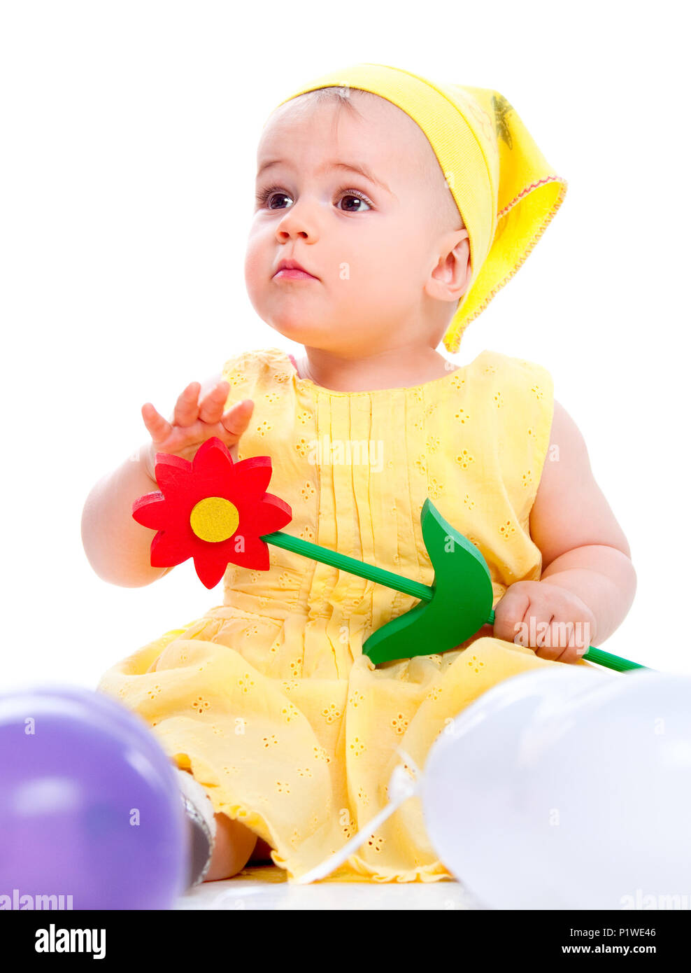 Cute Baby with red flower. Isolated on white background Stock Photo - Alamy