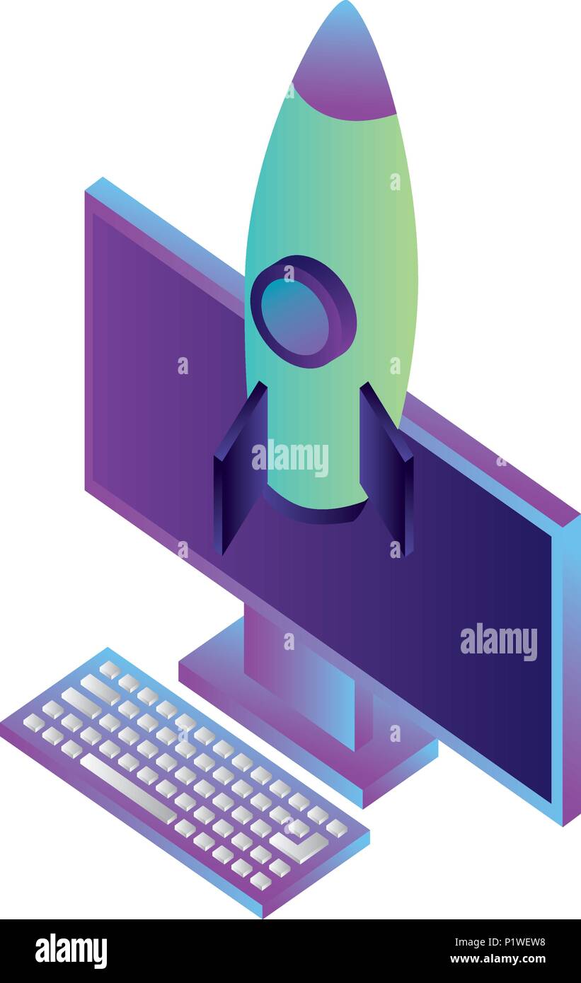 desktop computer with rocket launcher isometric icon vector ...
