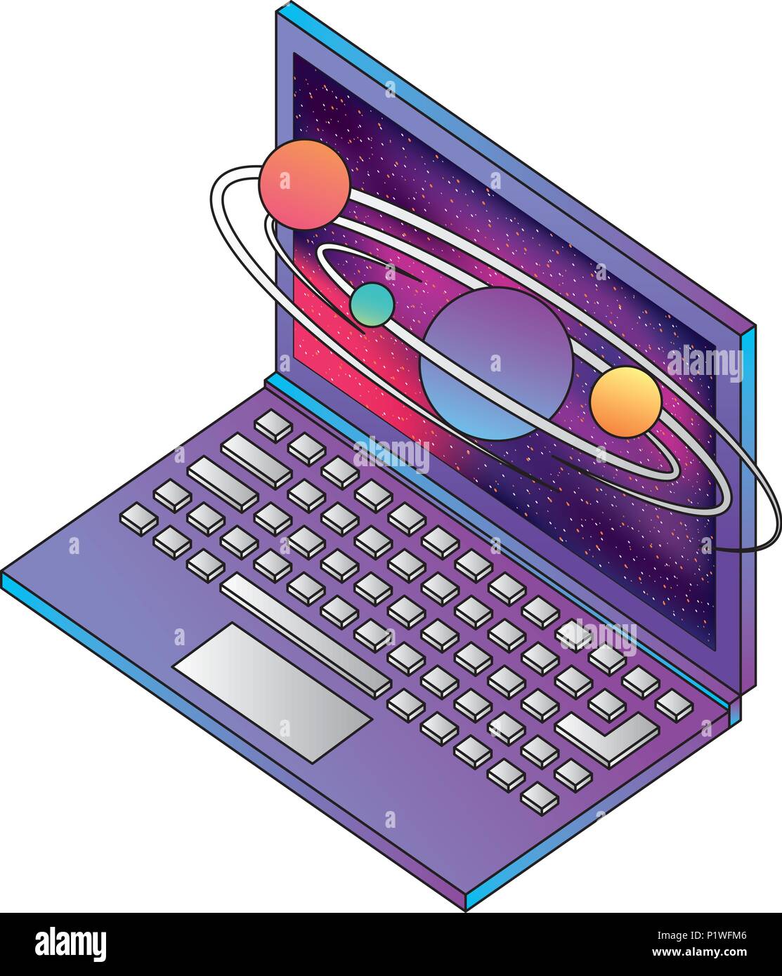 laptop computer with planets orbiting isometric icon vector ...