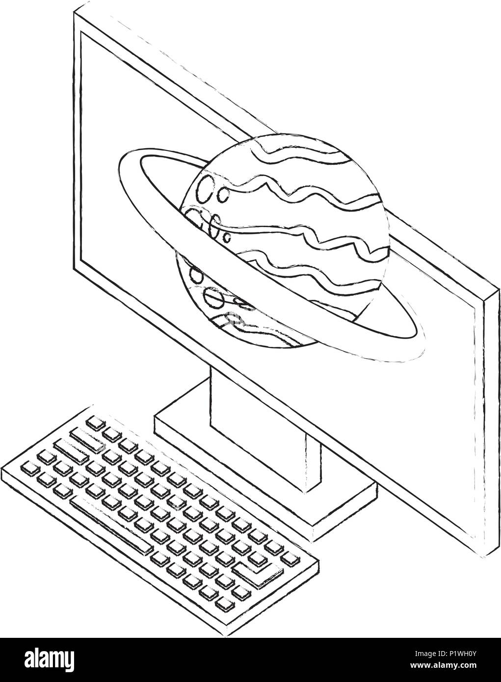 computer device and planet solar system vector illustration sketch ...