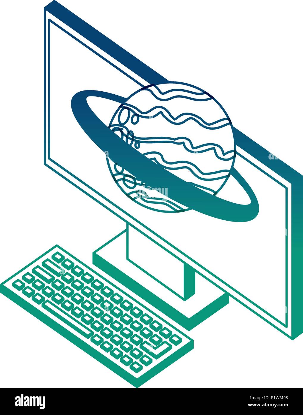 desktop computer with planet saturn isometric icon vector illustration ...