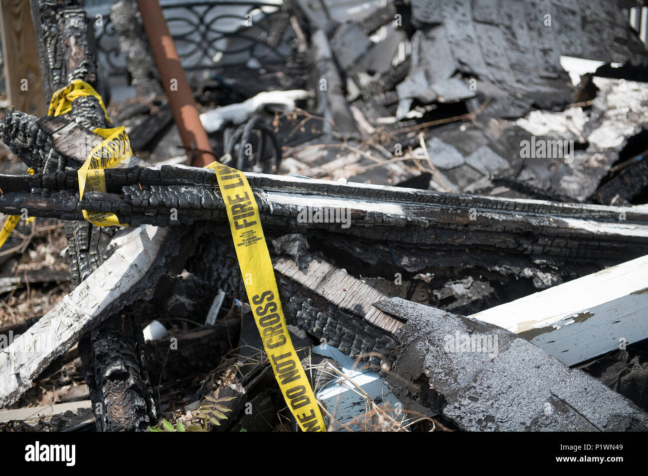 Closeup of debris left behind after fire destroyed a building Stock ...
