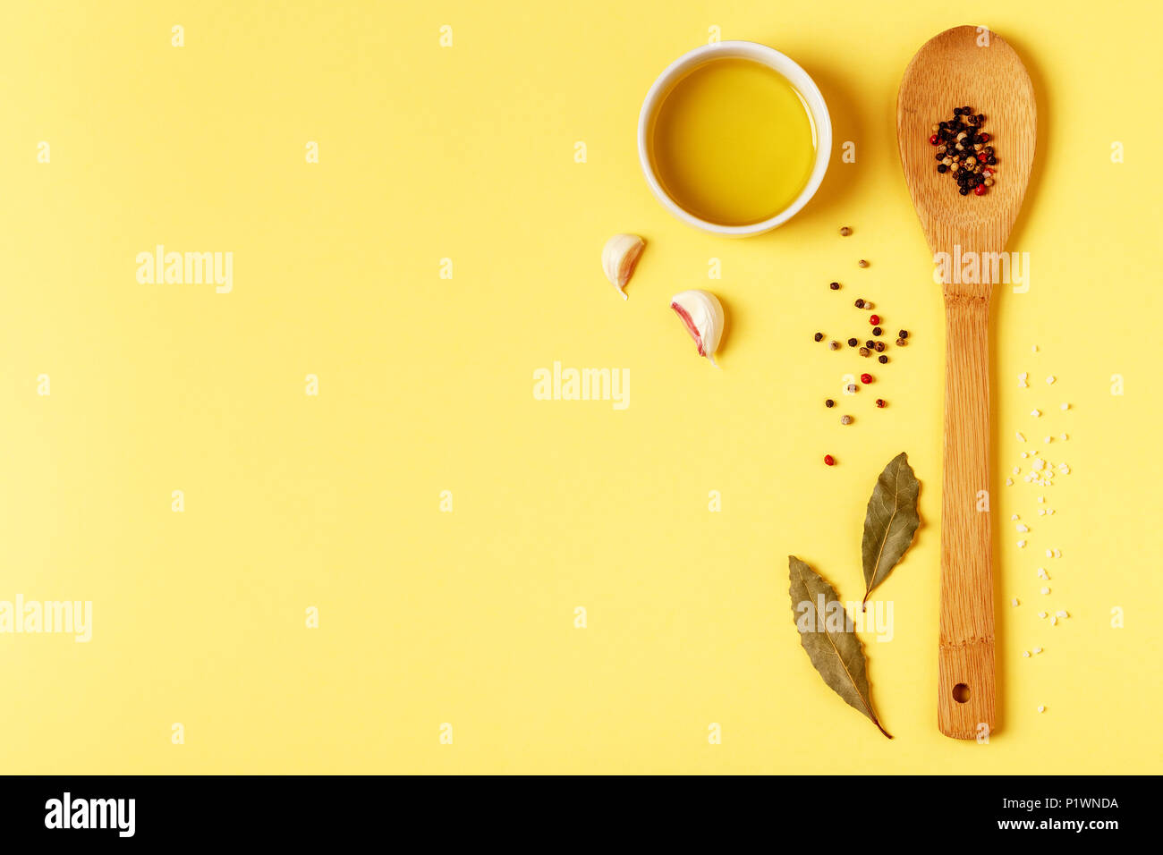 Flat lay pastel tone background. Ingredients for cooking on a yellow ...