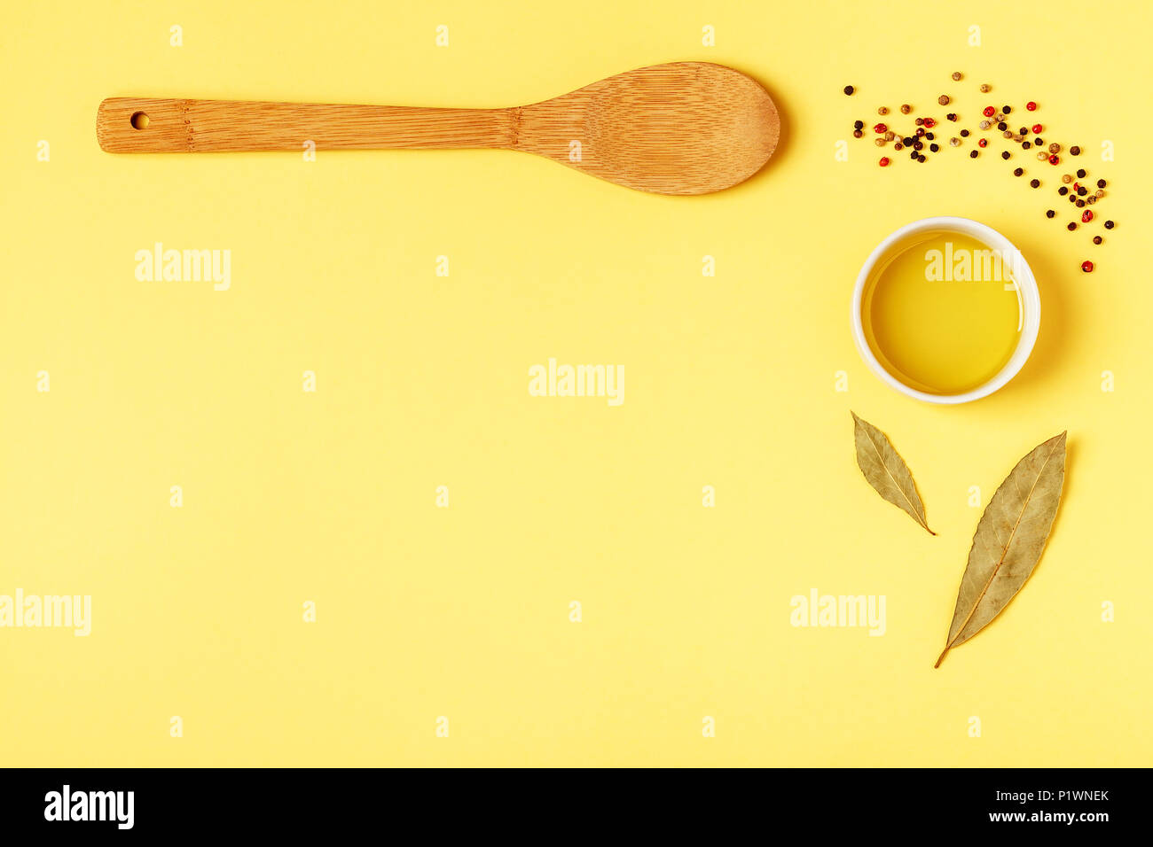 Flat lay pastel tone background. Ingredients for cooking on a yellow ...