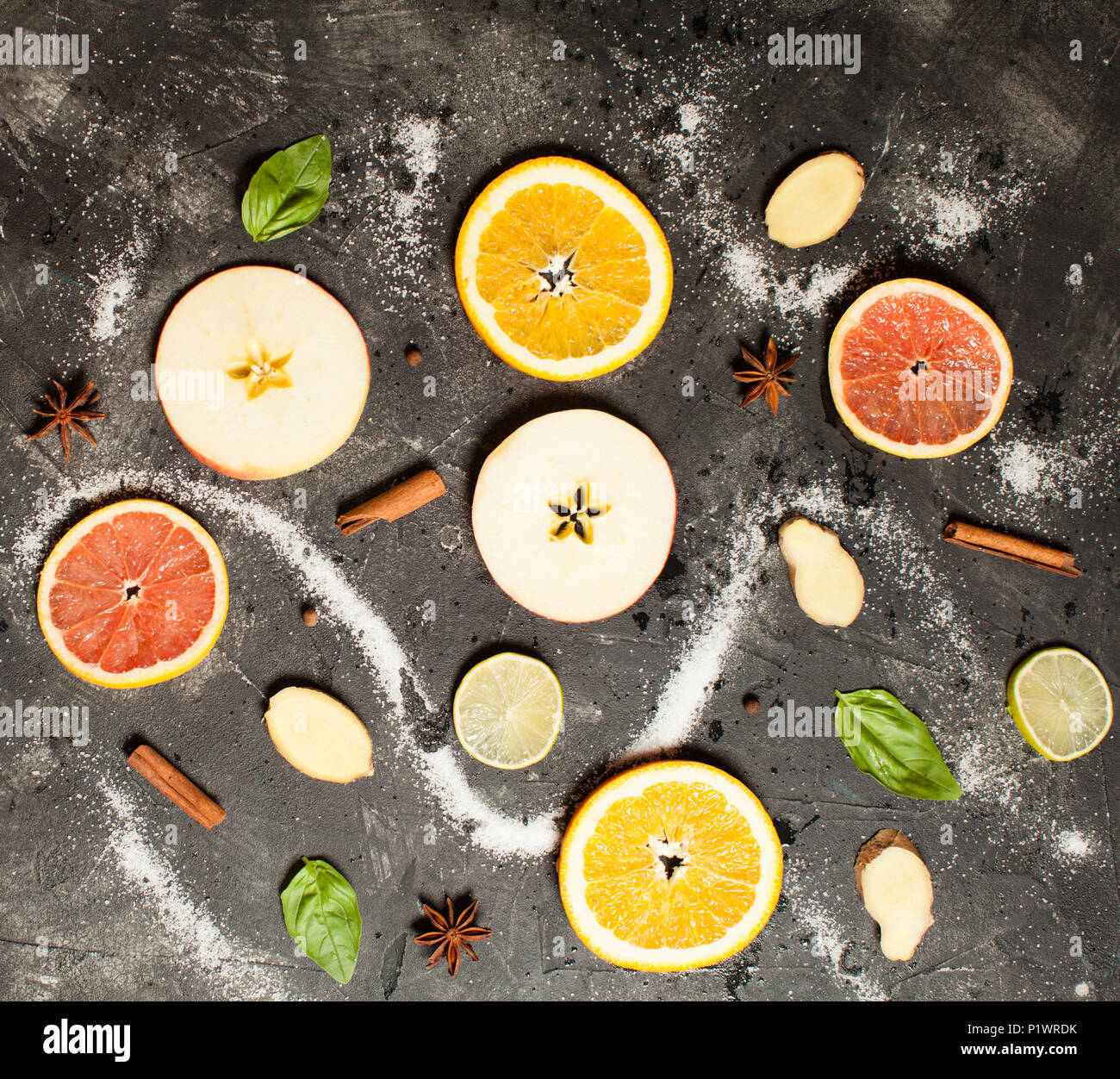 Scattered colorful fruit circles Stock Photo - Alamy