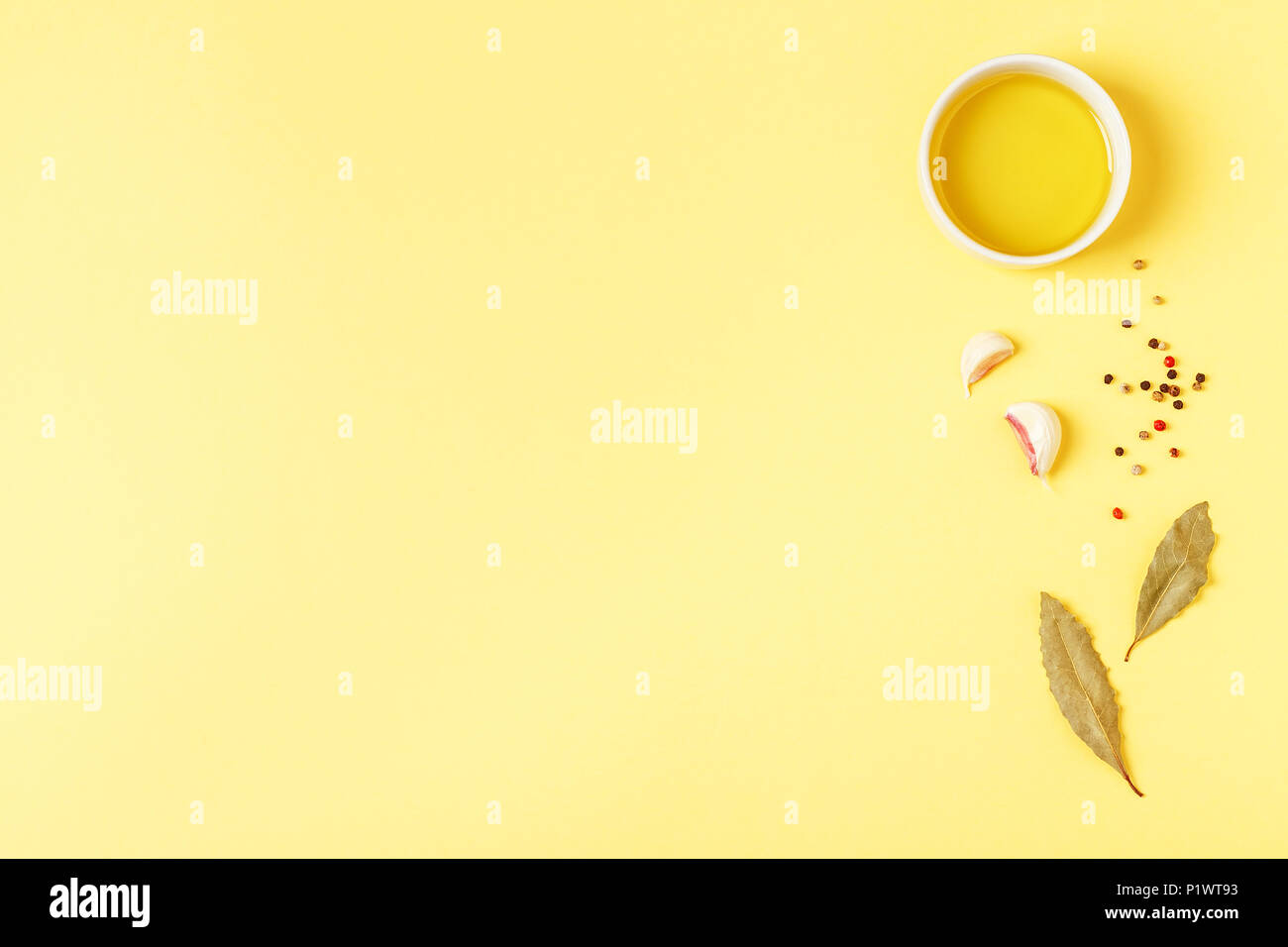 Flat lay pastel tone background. Ingredients for cooking on a yellow ...