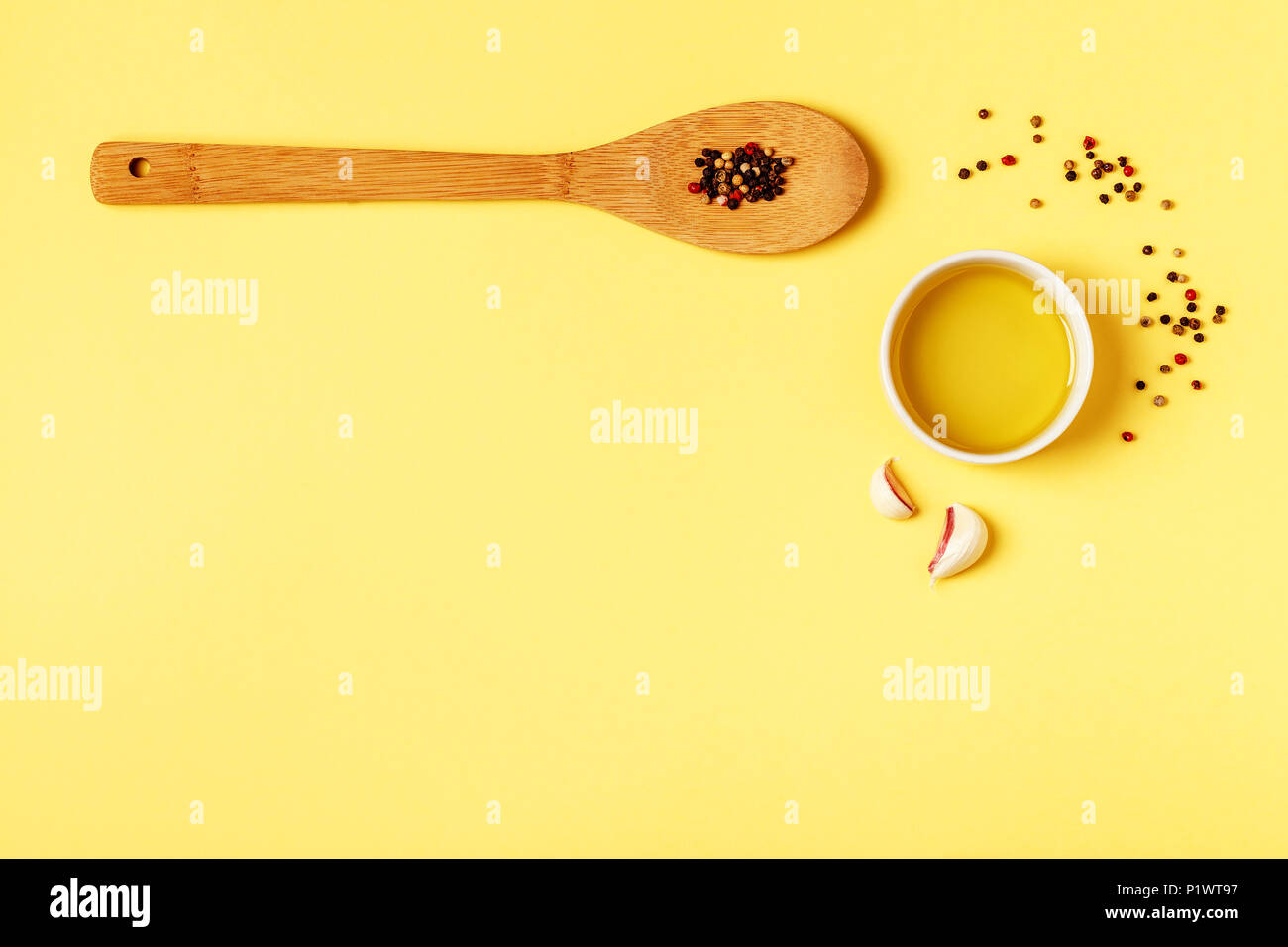 Flat lay pastel tone background. Ingredients for cooking on a yellow ...