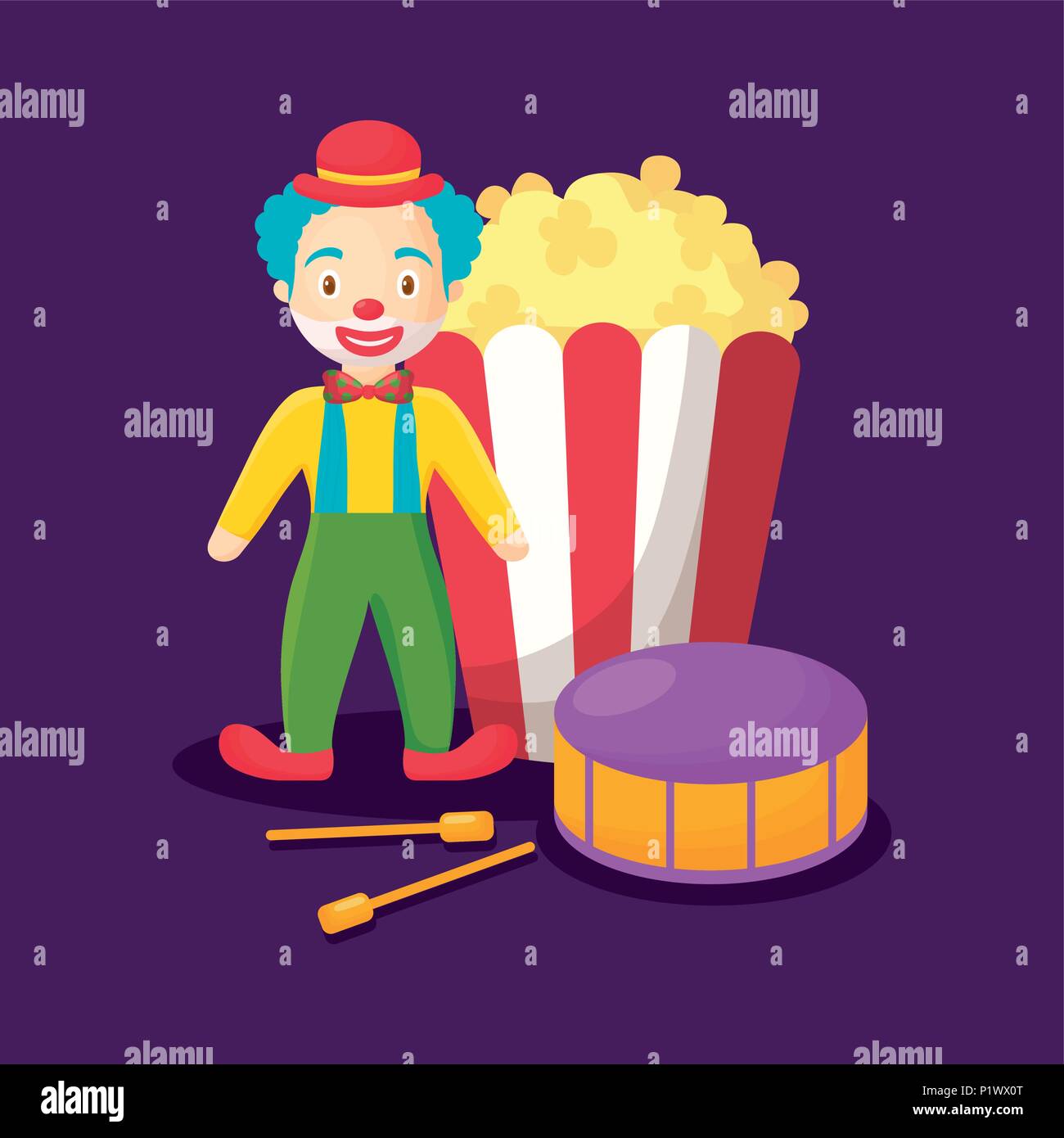cartoon clown with pop corn and drum over purple background, colorful ...